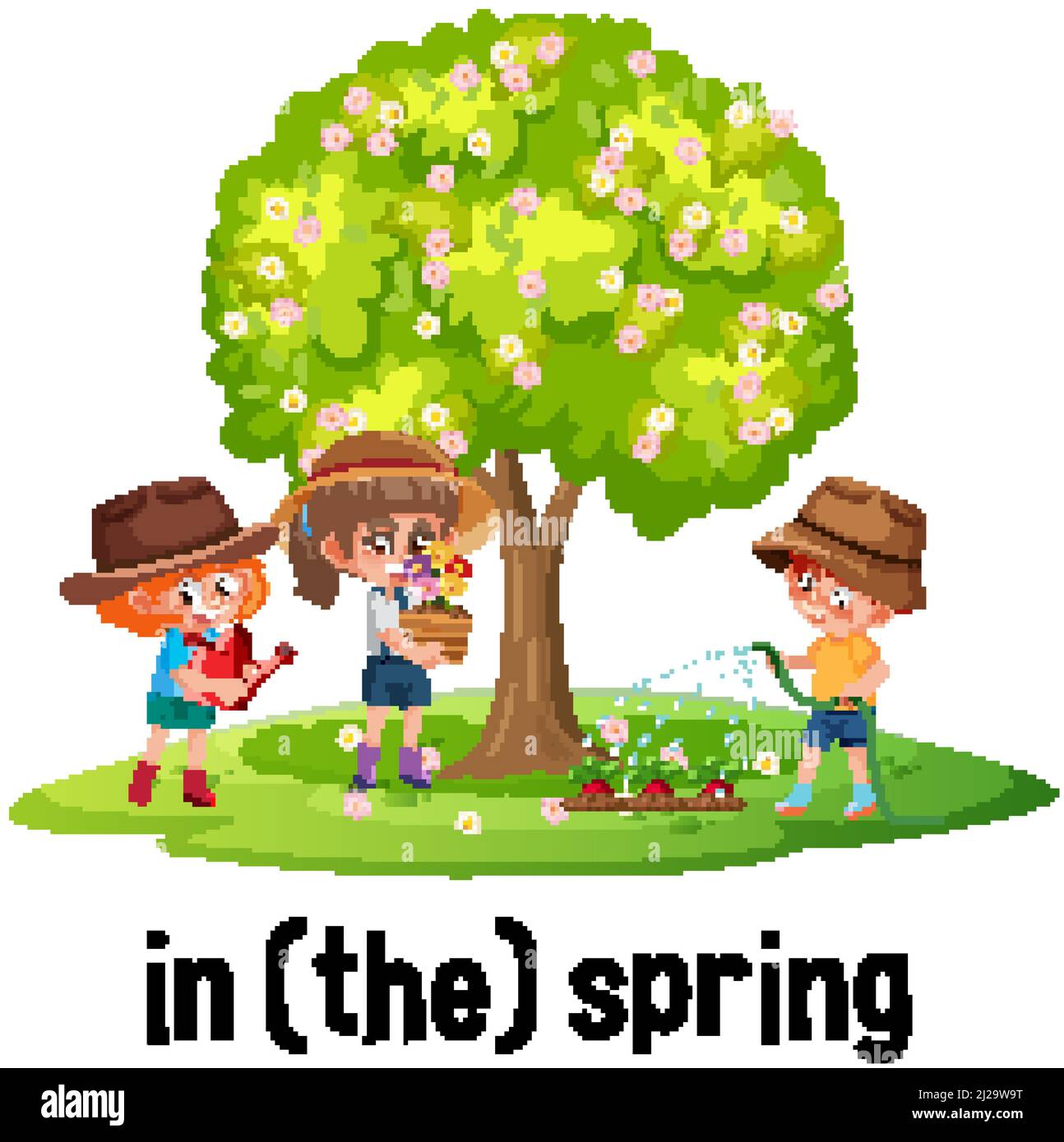 English prepositions of time with spring seasons scene illustration ...