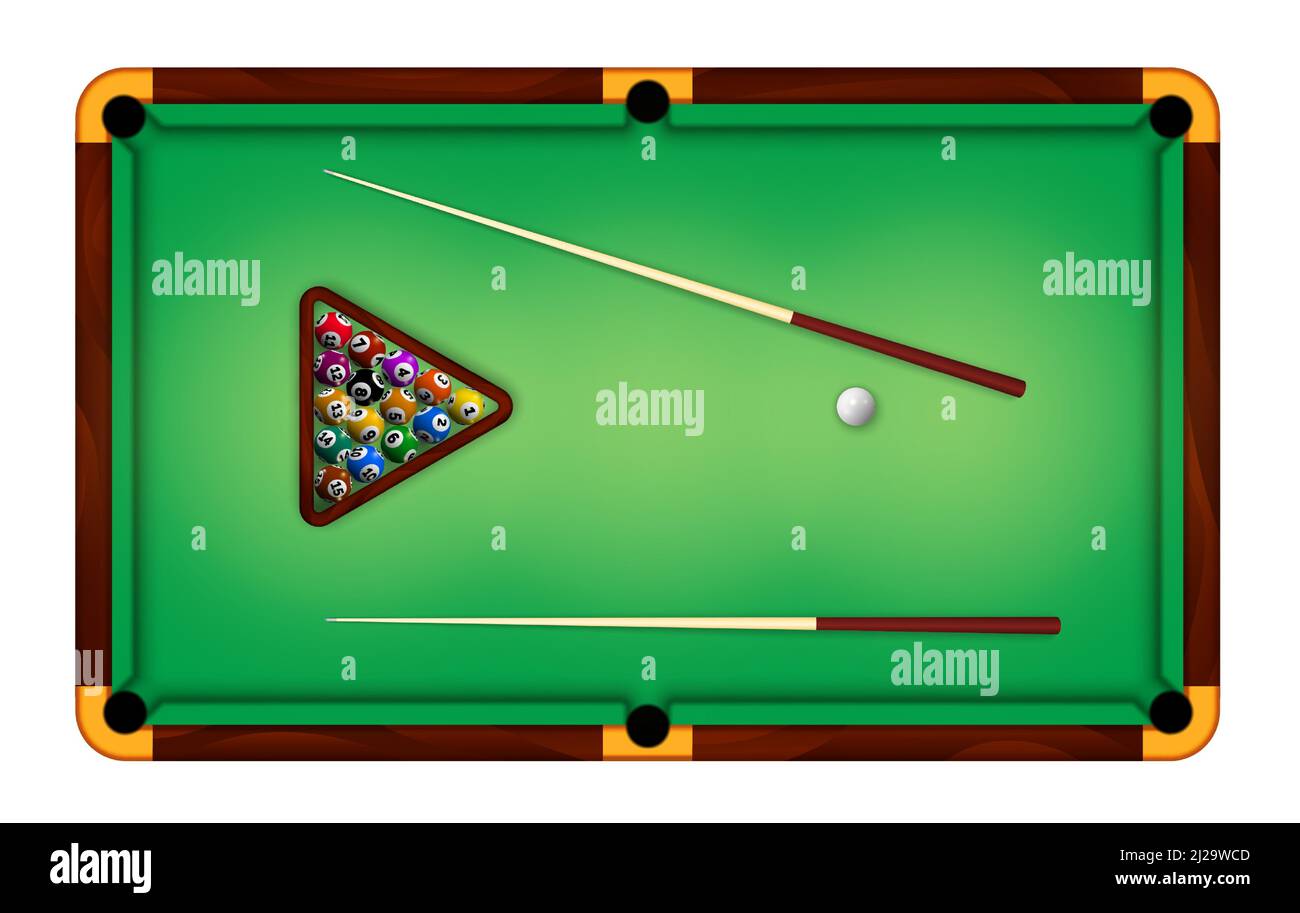 Billiard green table top view with balls and cue sticks. Realistic ...