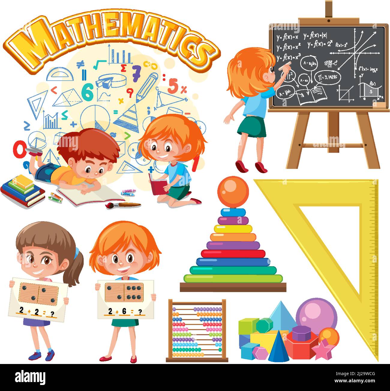 Math classroom objects with supplies and students illustration Stock ...