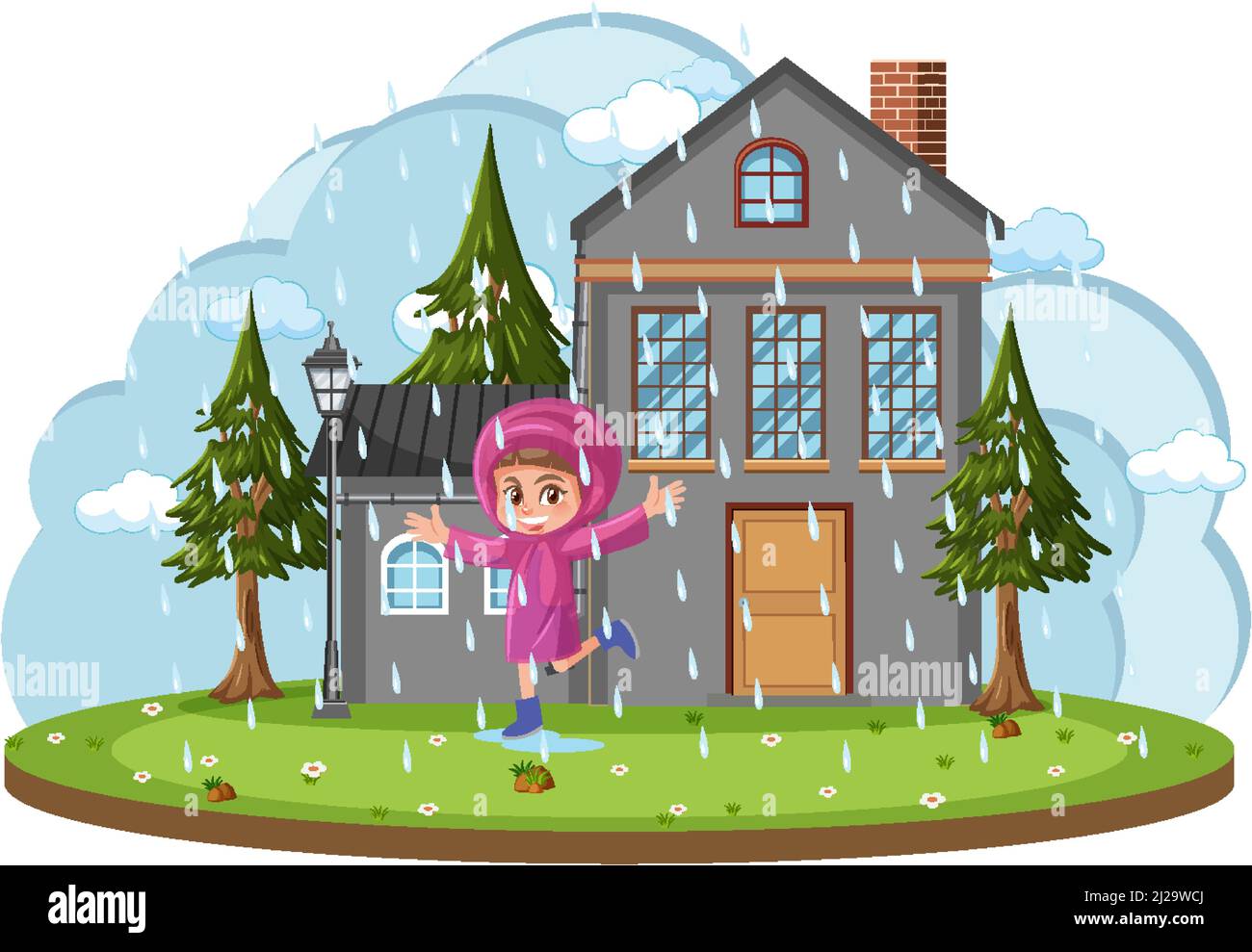 Happy girl playing raining in front of house cartoon illustration Stock ...