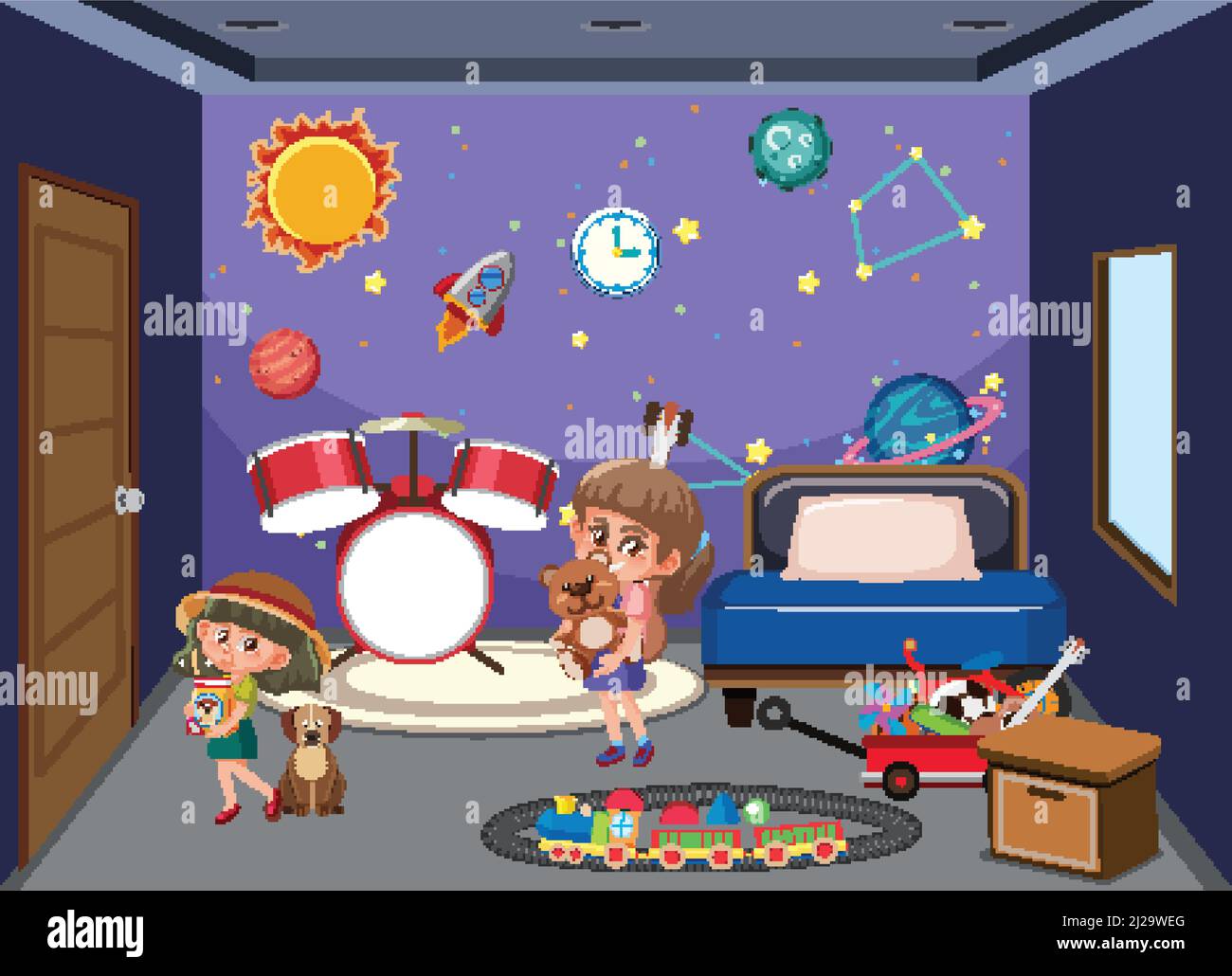 Bedroom in space galxy theme with children cartoon character ...