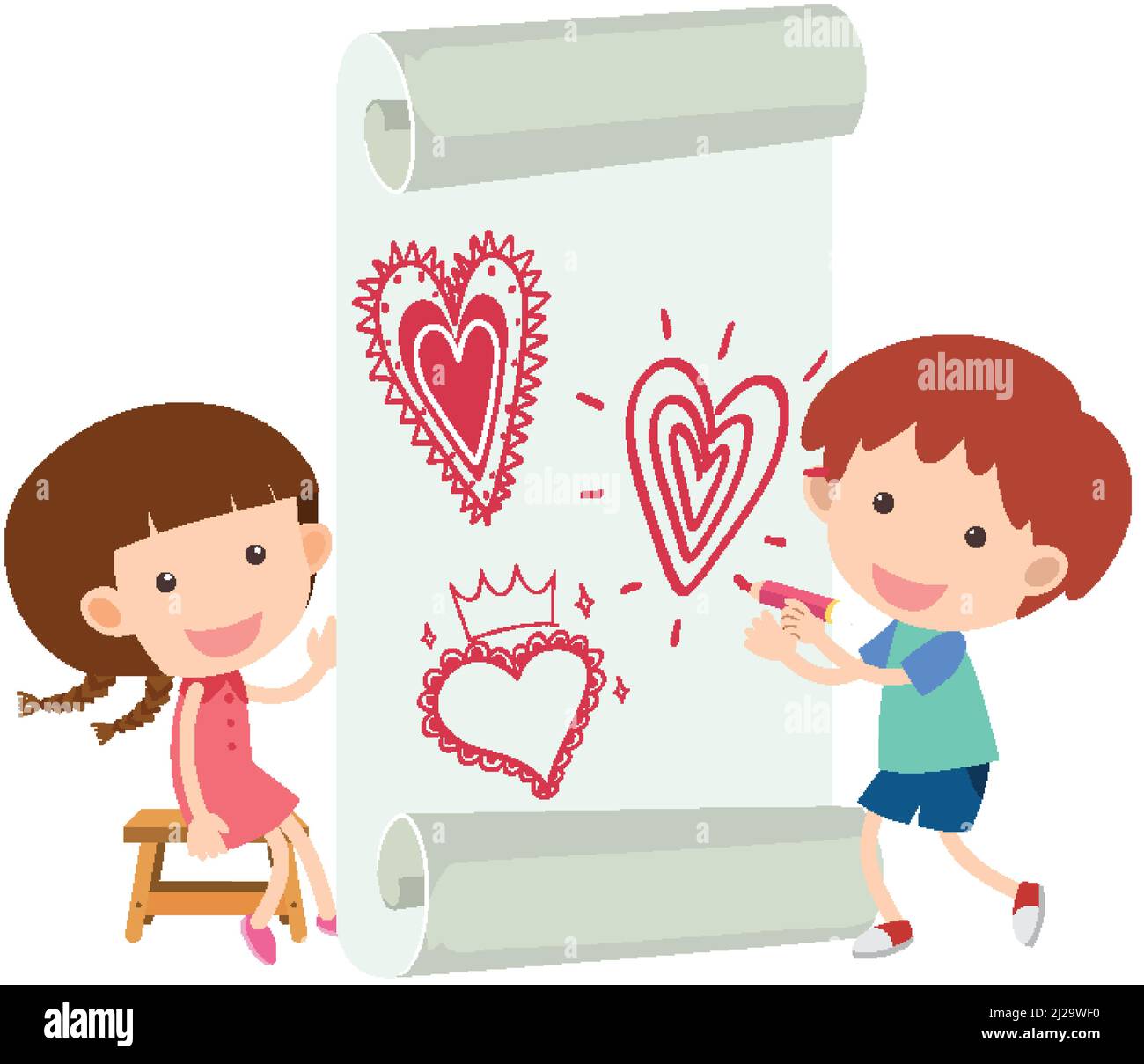 Two kids with heart doodle on paper illustration Stock Vector Image ...