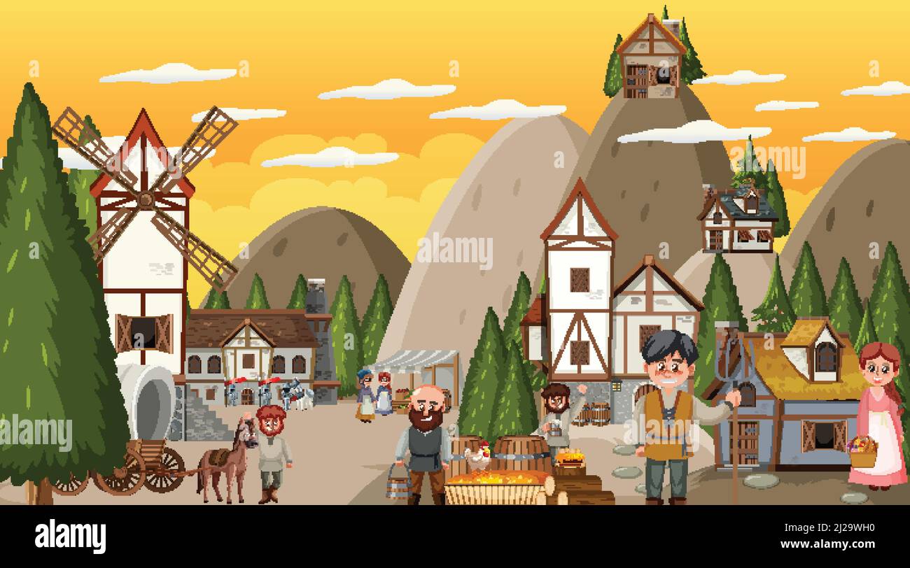 Medieval town scene with villagers illustration Stock Vector Image ...