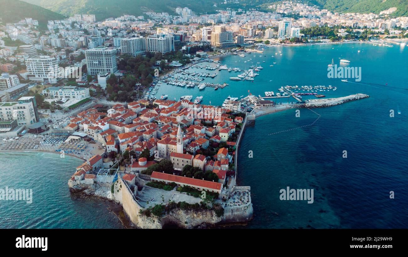Old town in Budva on a beautiful summer day, Montenegro. Air image ...
