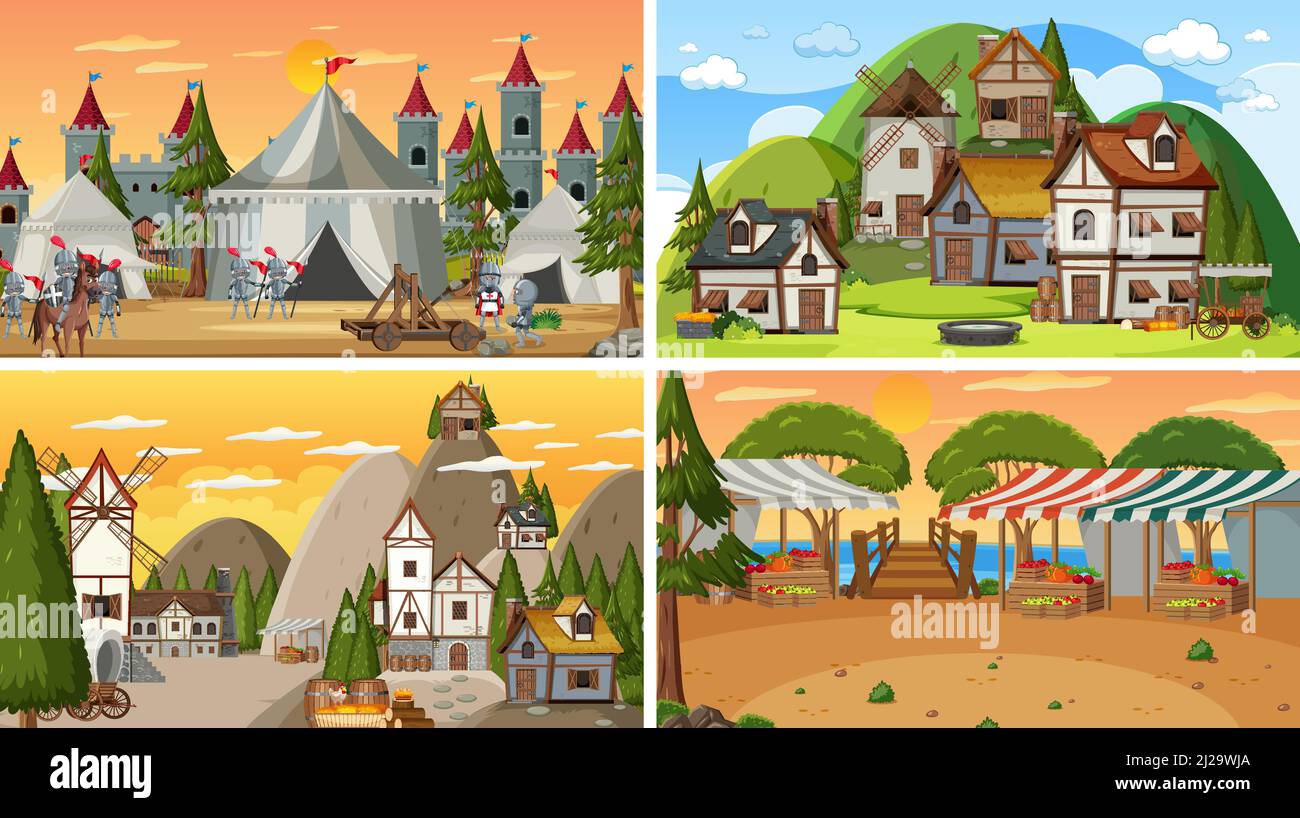 Set of different scene medieval illustration Stock Vector Image & Art ...