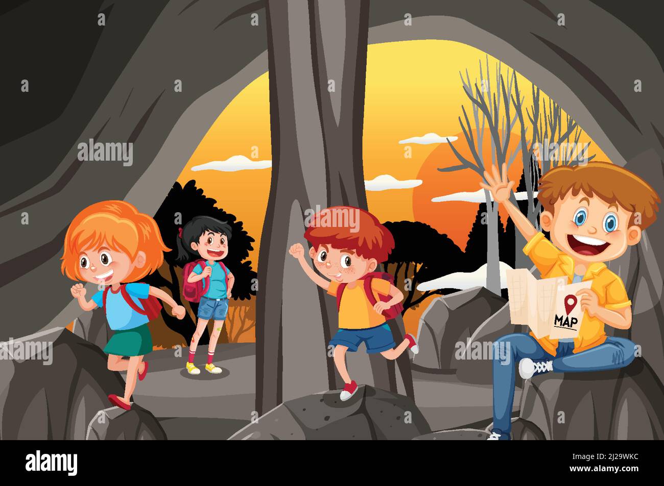 In cave scene with children exploring cartoon character illustration ...