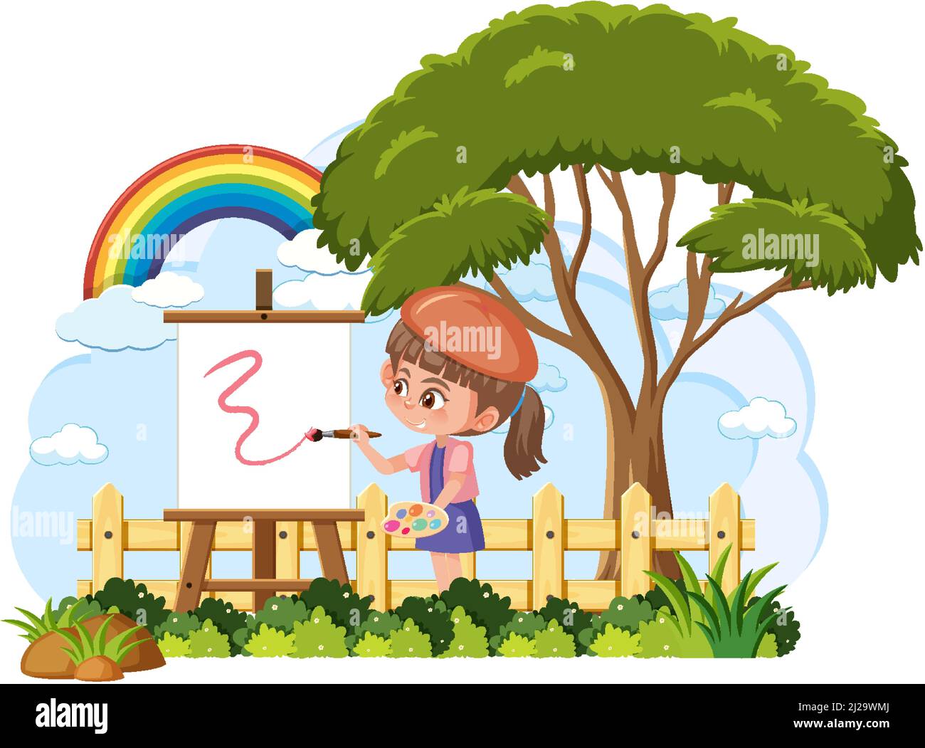 Isolated outdoor park with a girl drawing on canvas illustration Stock ...