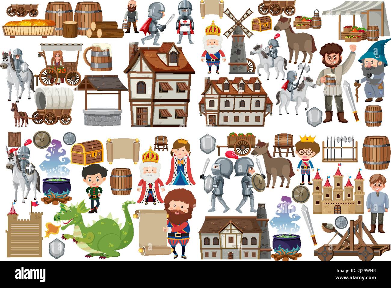 Medieval characters buildings set illustration Stock Vector Image & Art ...