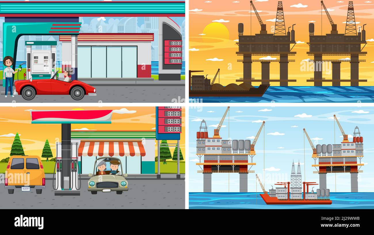 Set of oil petrol and gas relevant scene illustration Stock Vector ...