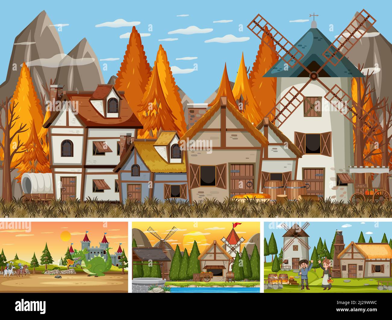 Set of different scene medieval illustration Stock Vector Image & Art ...