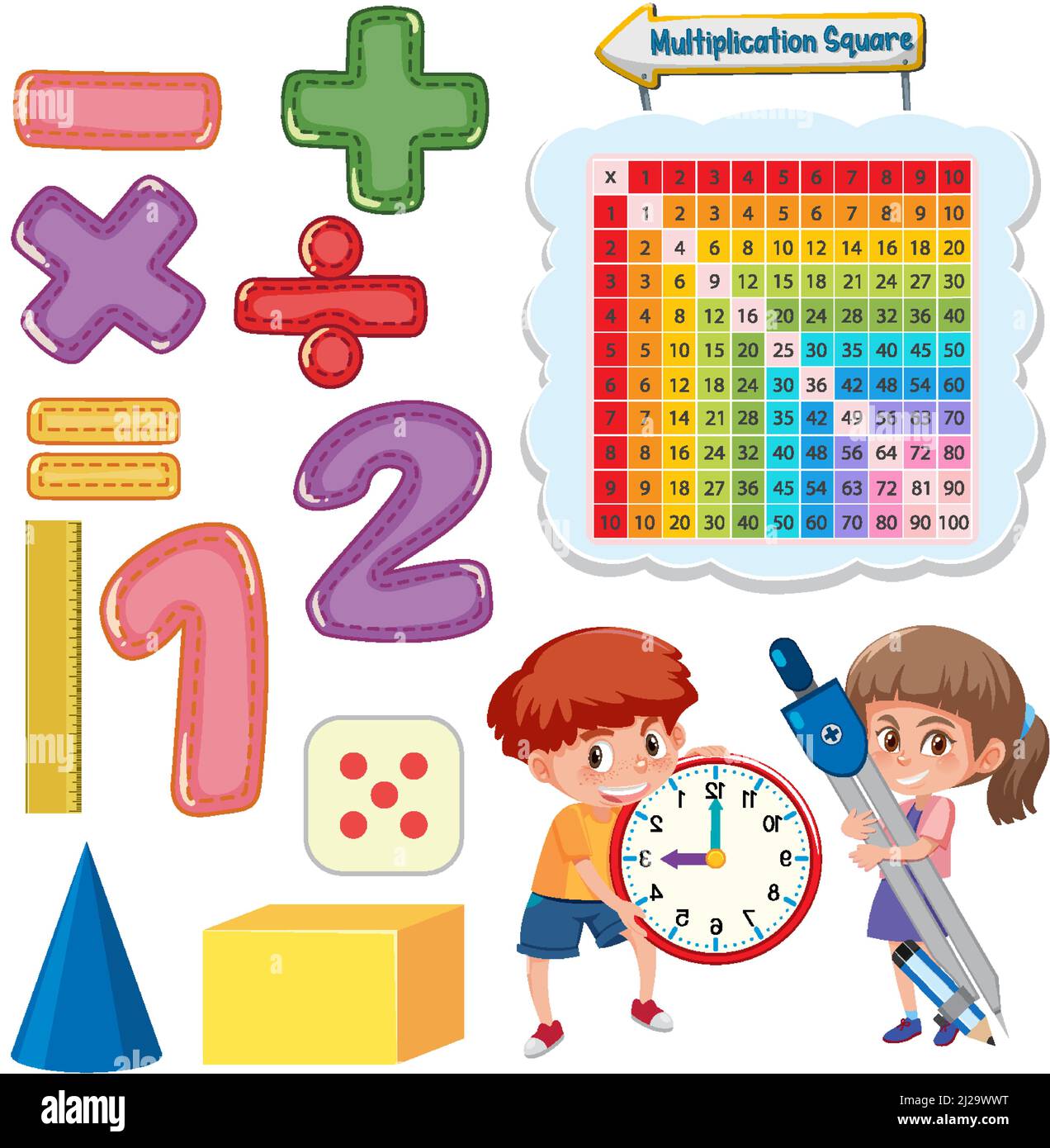 Math classroom objects with supplies and students illustration Stock ...