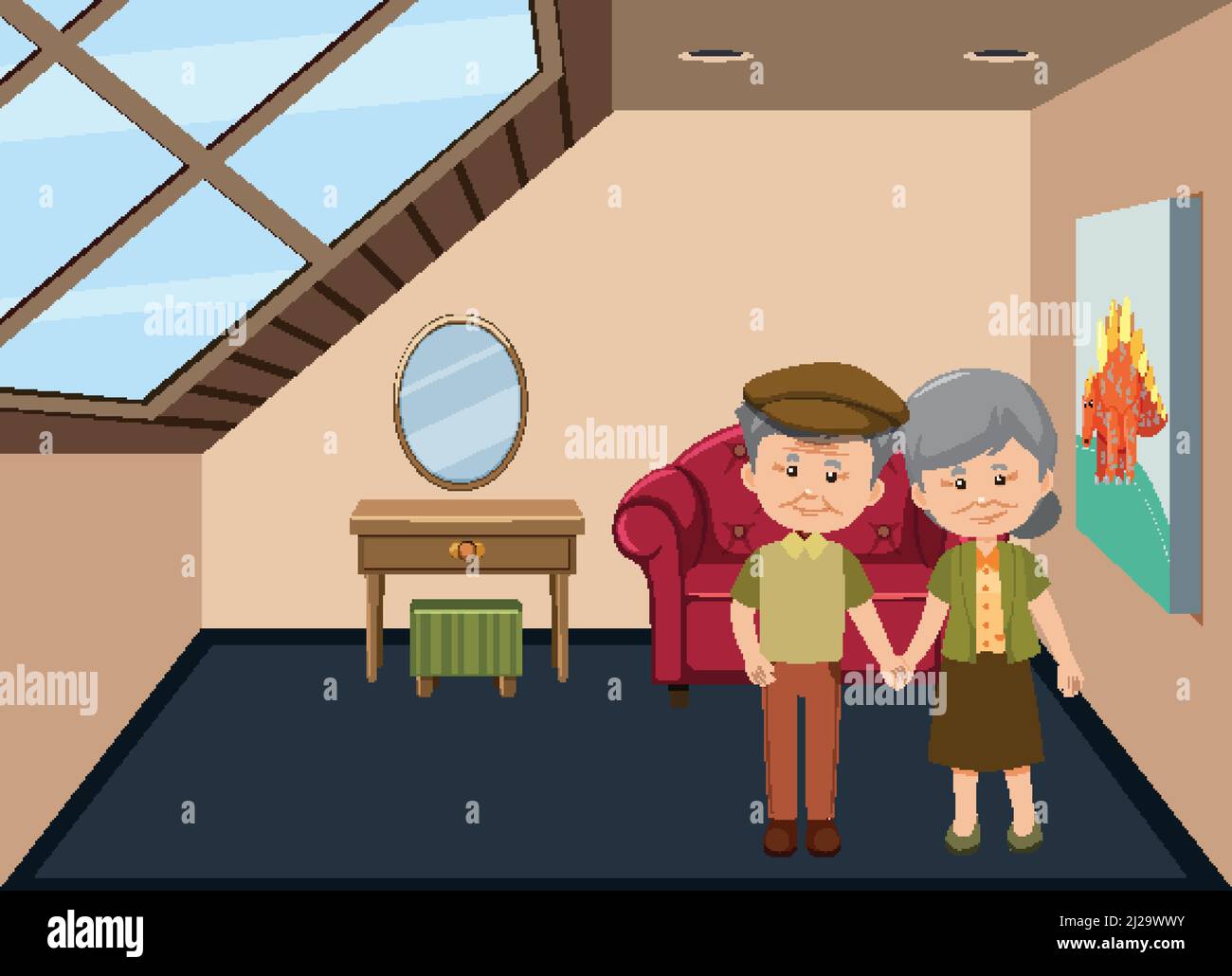 Attic living room scene with cartoon character illustration Stock ...