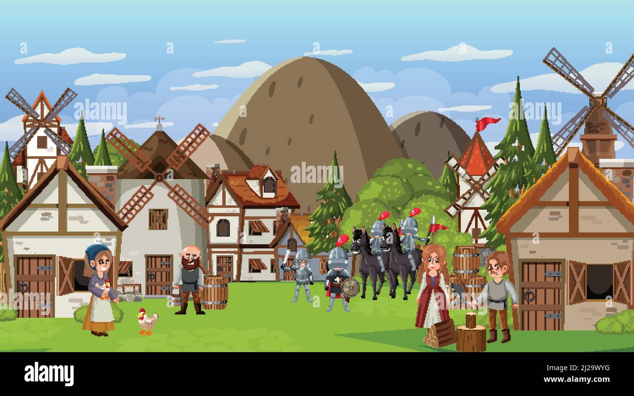 Medieval town scene with villagers illustration Stock Vector Image ...