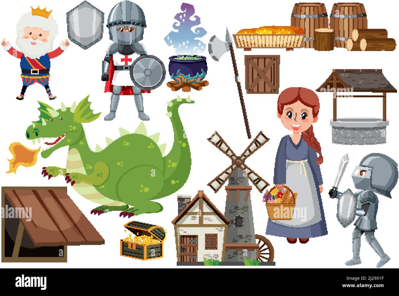 Medieval characters buildings set illustration Stock Vector Image & Art ...