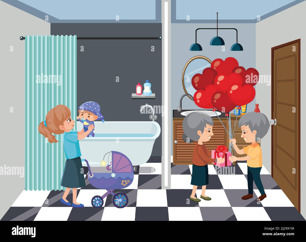 Bathroom scene with family members cartoon character illustration Stock ...