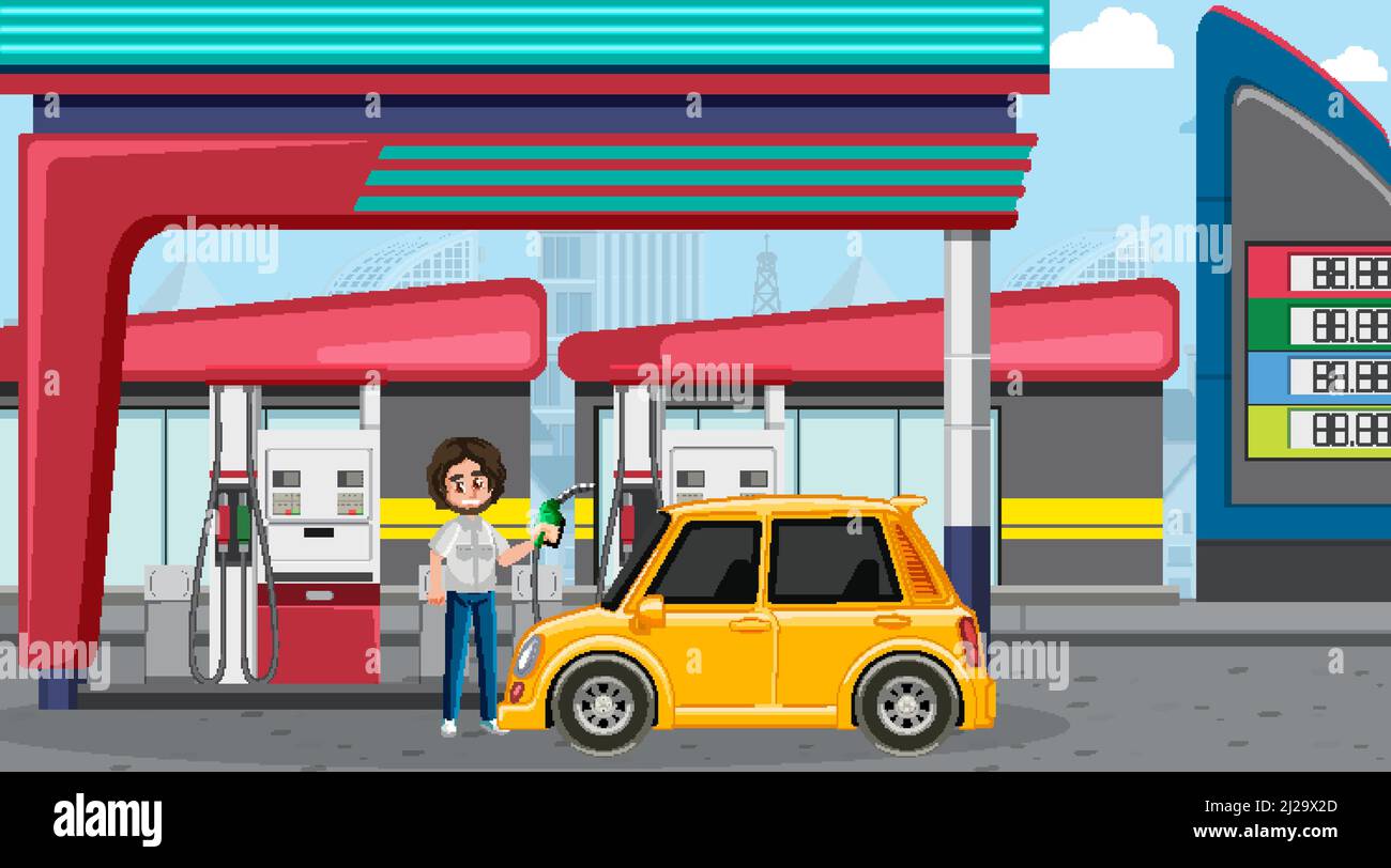 Gas station cartoon scene illustration Stock Vector Image & Art - Alamy