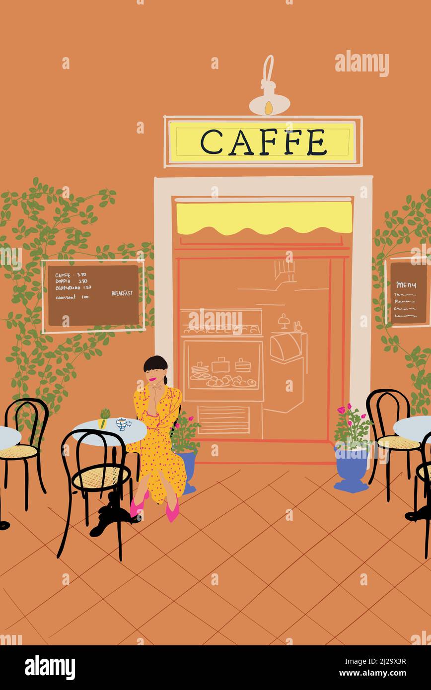 Stylish woman at cafe on street. Vector illustration Stock Vector Image ...