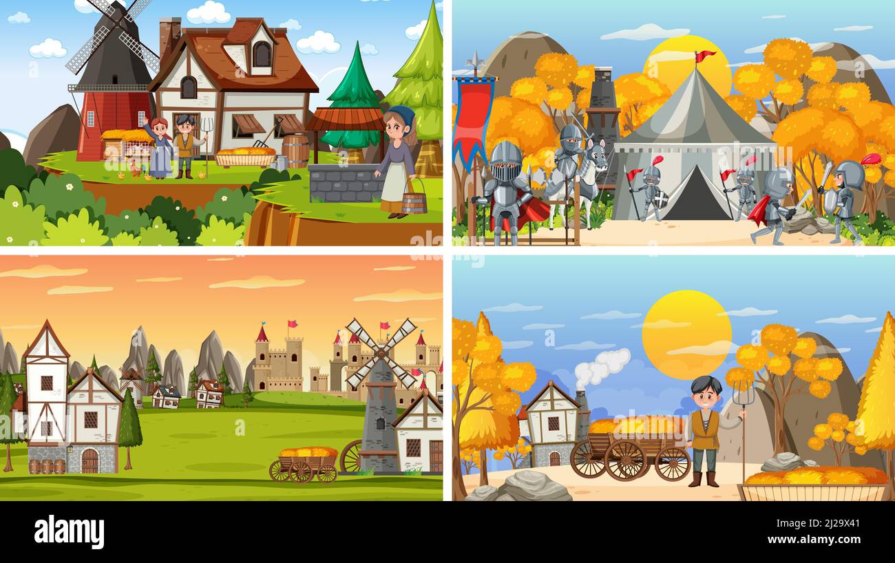 Set of different scene medieval illustration Stock Vector Image & Art ...