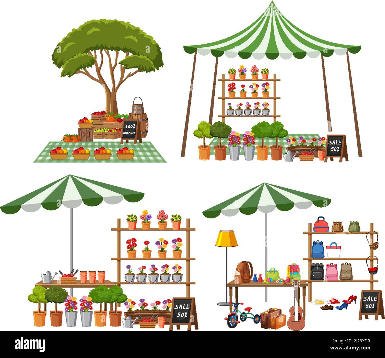 Flea market concept with set of different stores illustration Stock ...