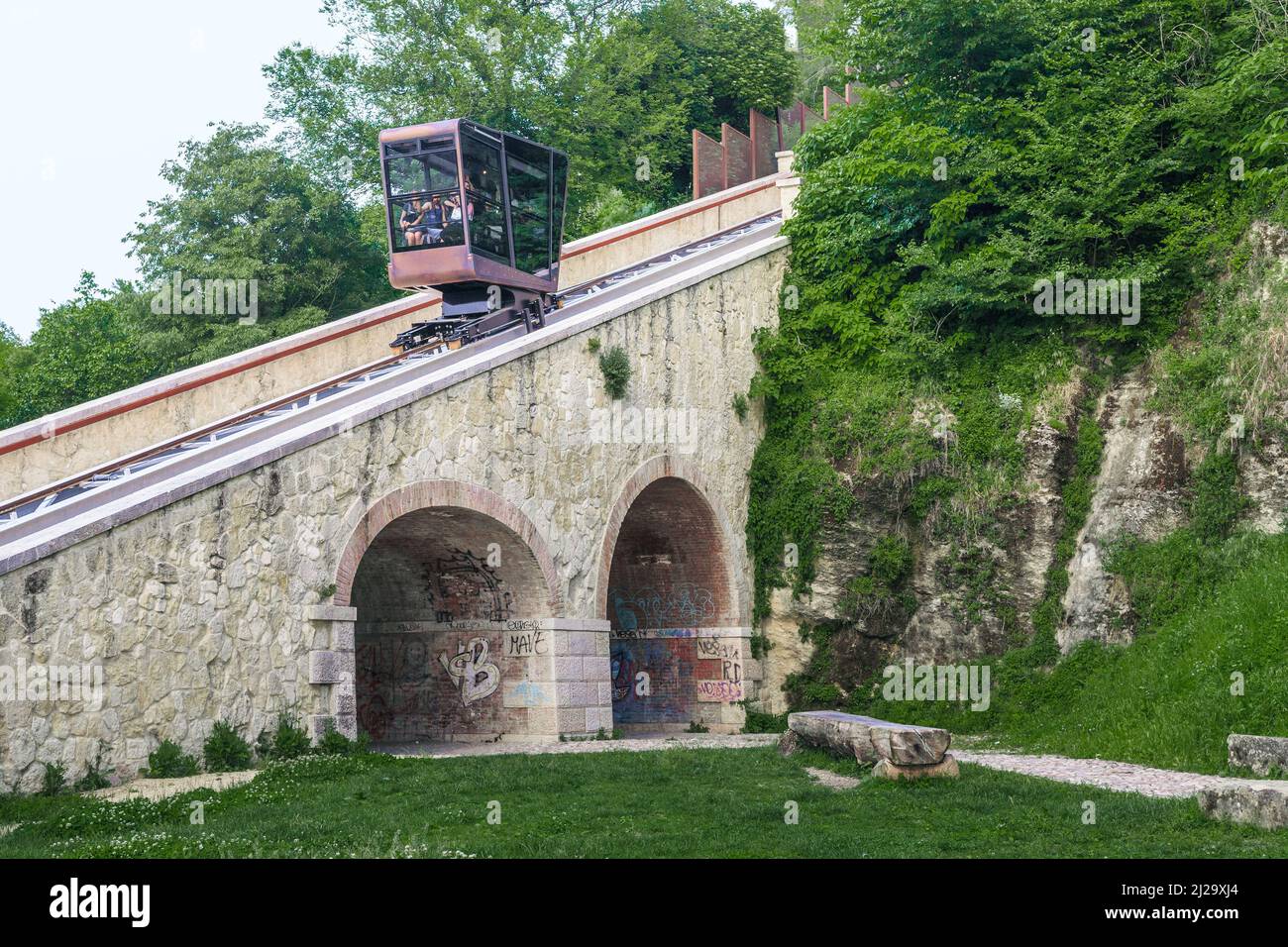 VERONA, ITALY - MAY 13, 2018: This is the cabin of the funicular to the ...