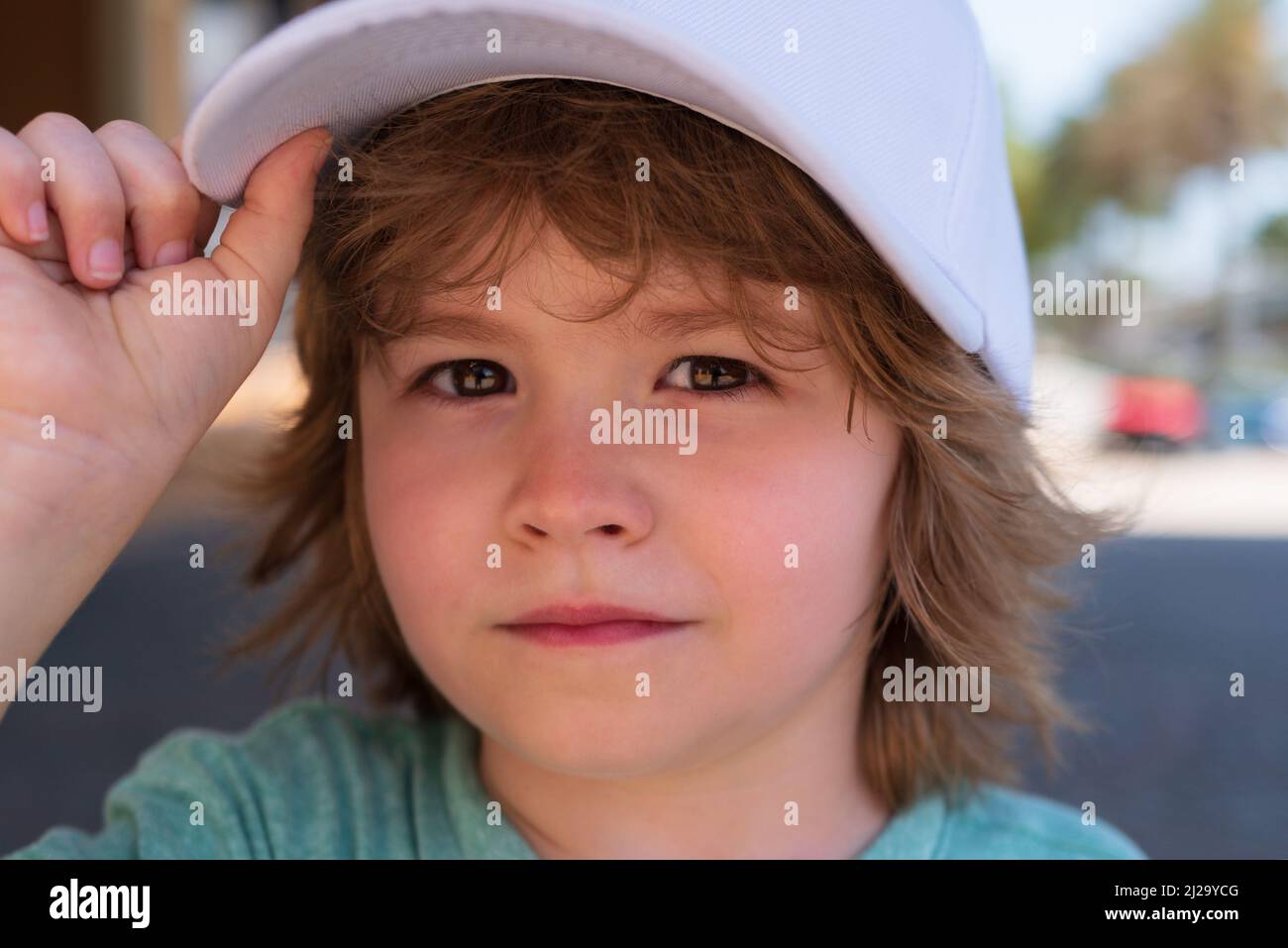 Baby face closeup. Funny little kid boy close up portrait. Blonde kid ...