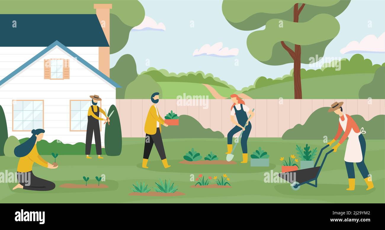 Gardening people together, farming and planting growing Stock Vector ...