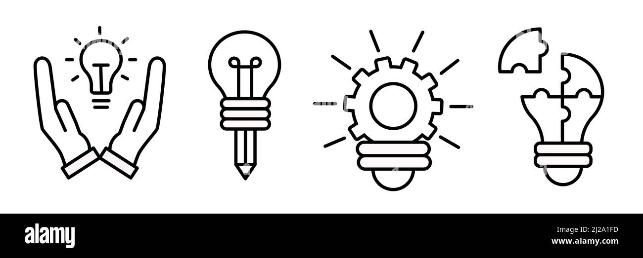 Set of Light bulbs with cog or gear sign. Idea outline icon. Innovation icon in flat style. Idea ...
