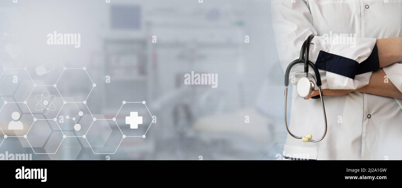 Doctor working on a virtual screen behind the structure of medical ...