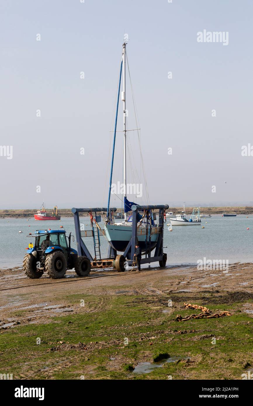 Tractor launching boat in cradle, River Blackwater estuary, West Mersea ...