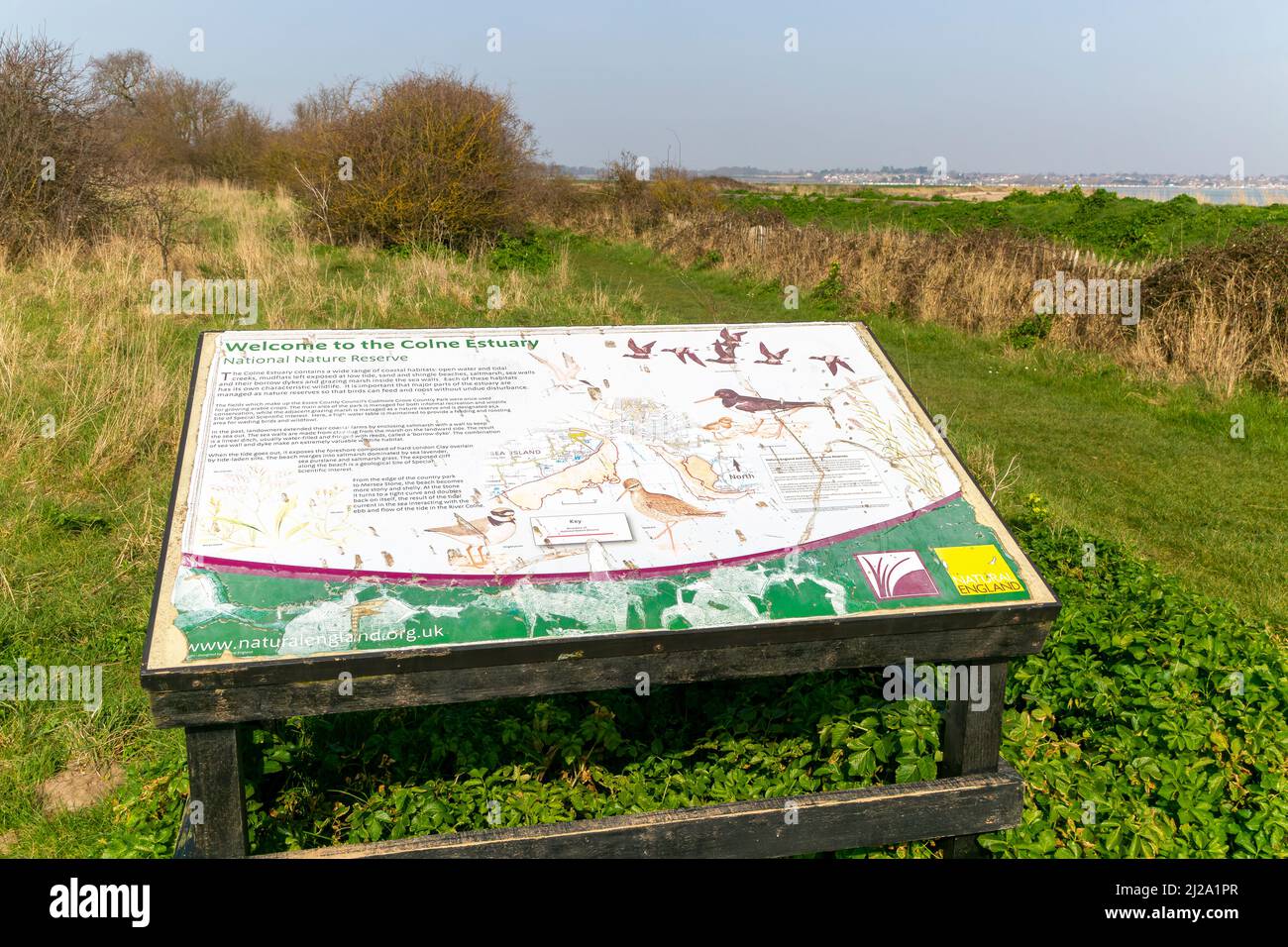 Natural England information sign, River Colne estuary, Mersea Island ...