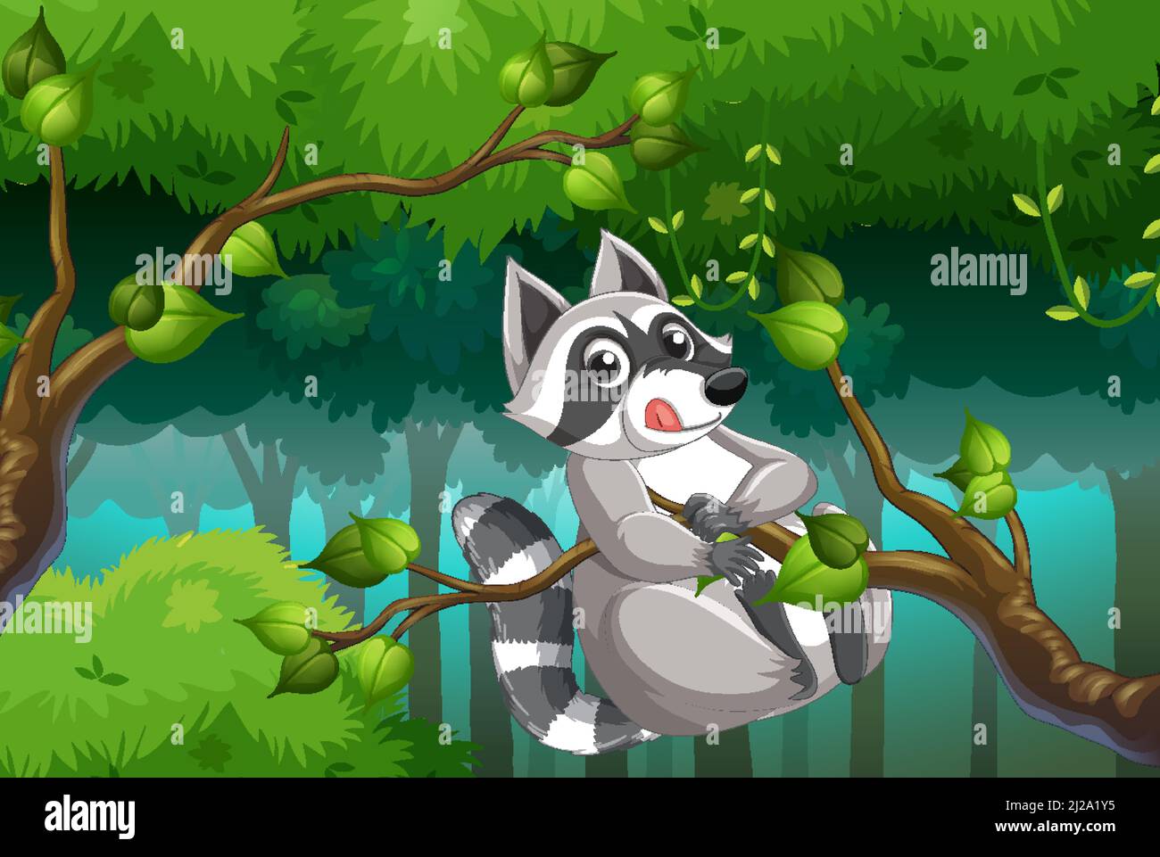 Raccoon climbing tree in forest illustration Stock Vector Image & Art ...