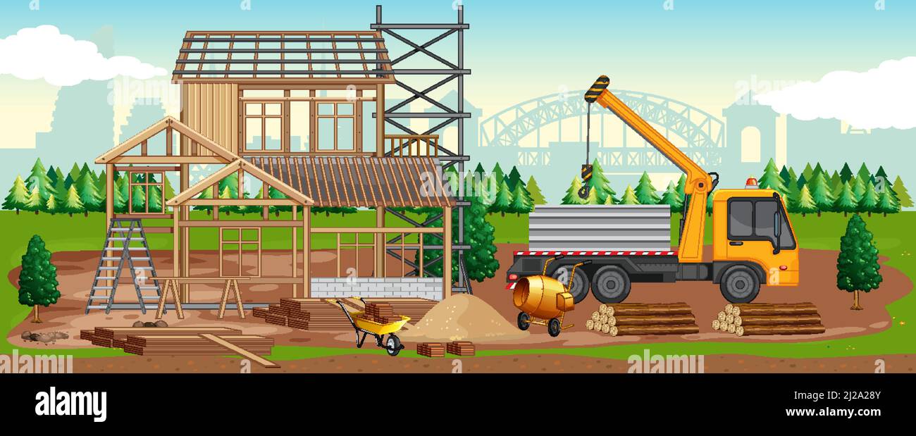Cartoon scene of building construction site illustration Stock Vector ...