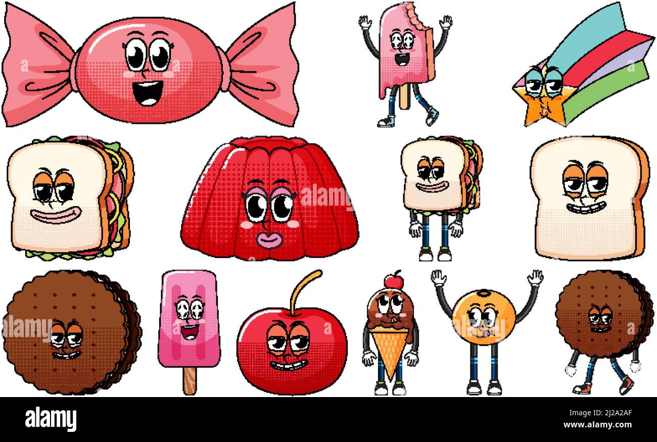 Set of facial expression with vintage style food cartoon on white ...