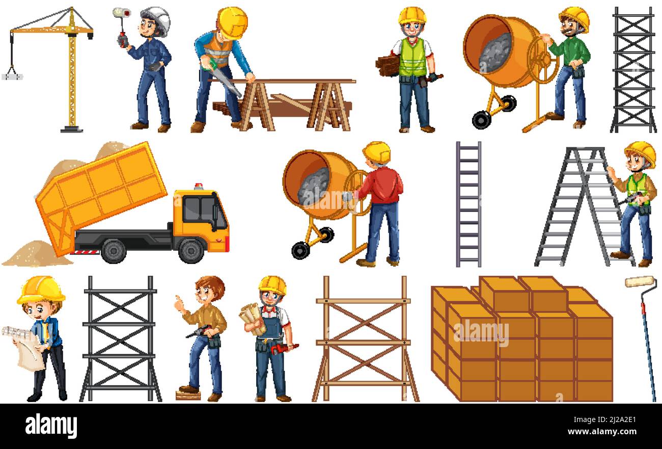 Construction worker set with man and tools illustration Stock Vector ...
