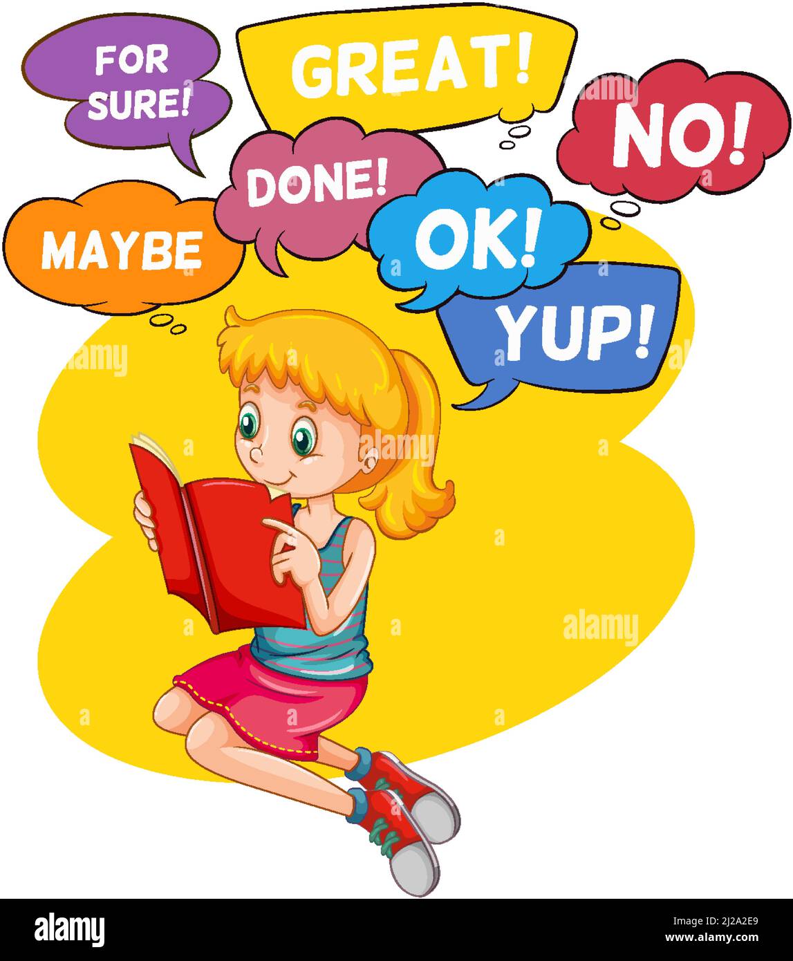 Speech bubbles with girl reading book illustration Stock Vector Image ...
