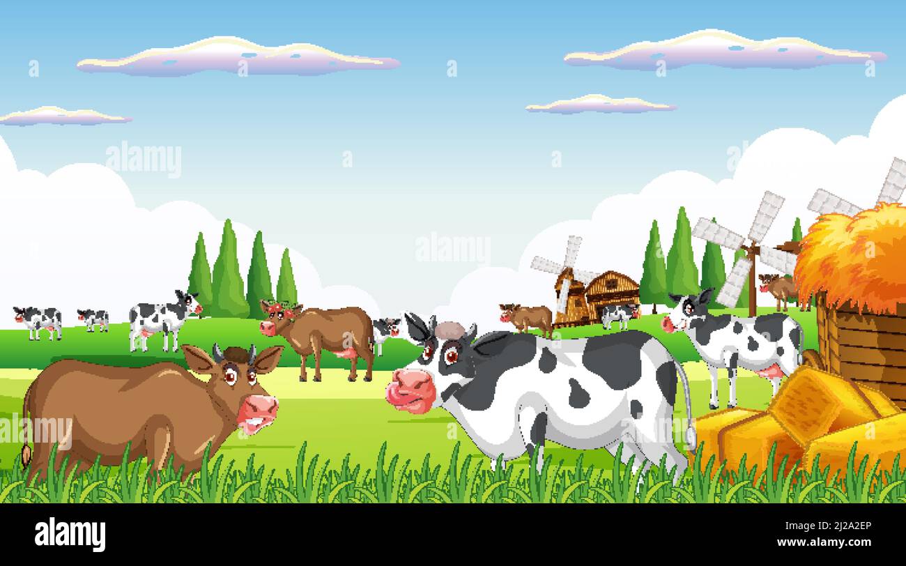Outdoor cow farm scene with happy animals cartoon illustration Stock ...