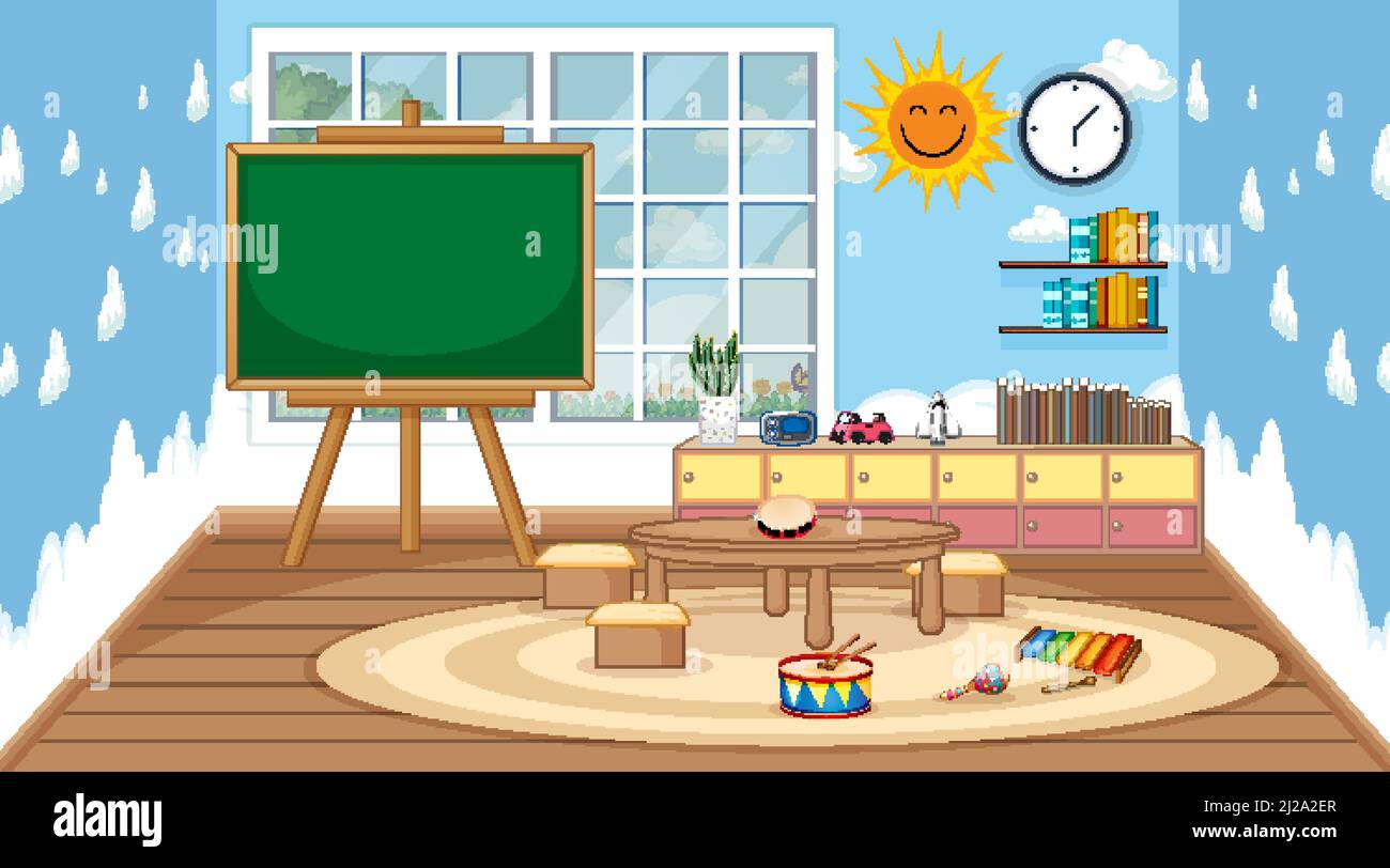 Scene Of Classroom With Chalkboard And Table Illustration Stock Vector Image And Art Alamy 