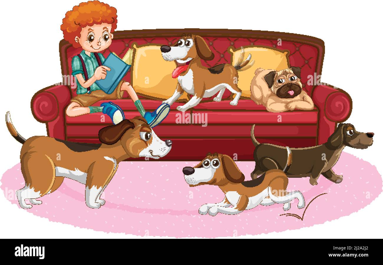 A boy sitting on couch with many beagle dogs illustration Stock Vector ...