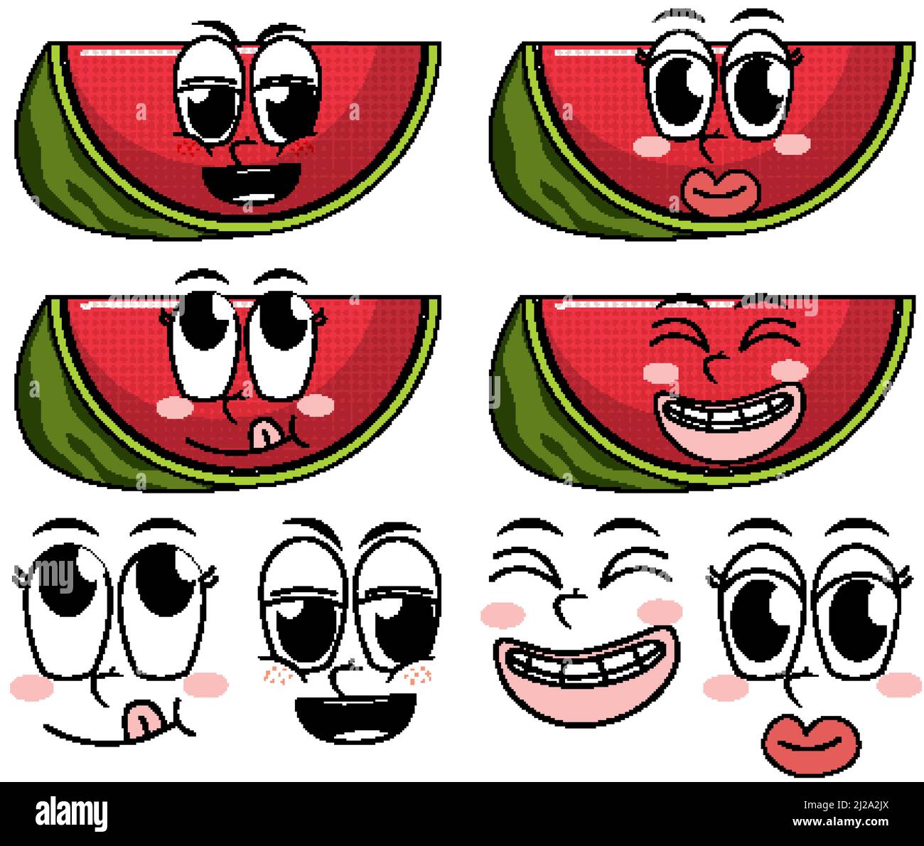 Set of facial expression vintage style cartoon with watermelon on white ...