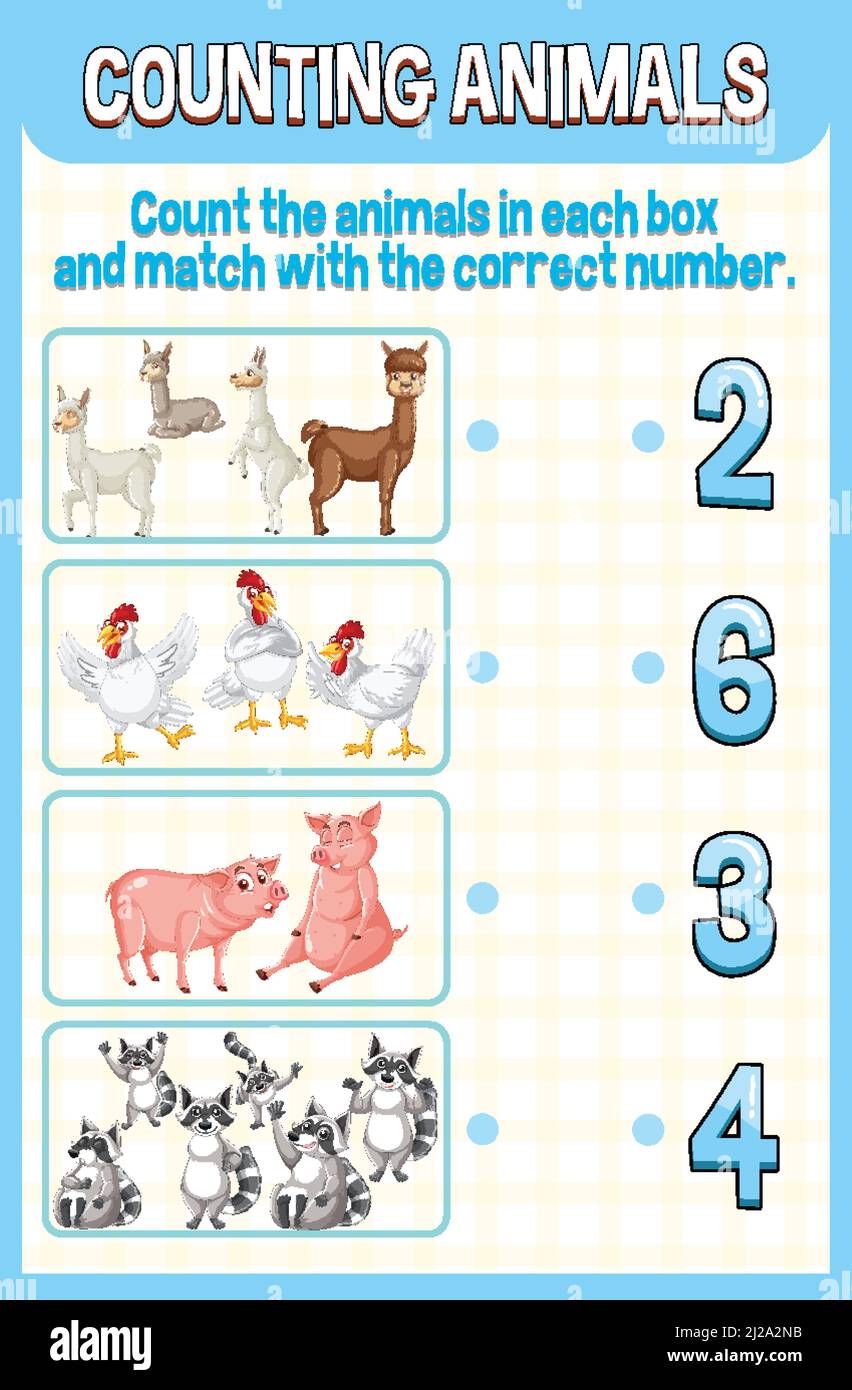 Match by count with different types of animals illustration Stock ...