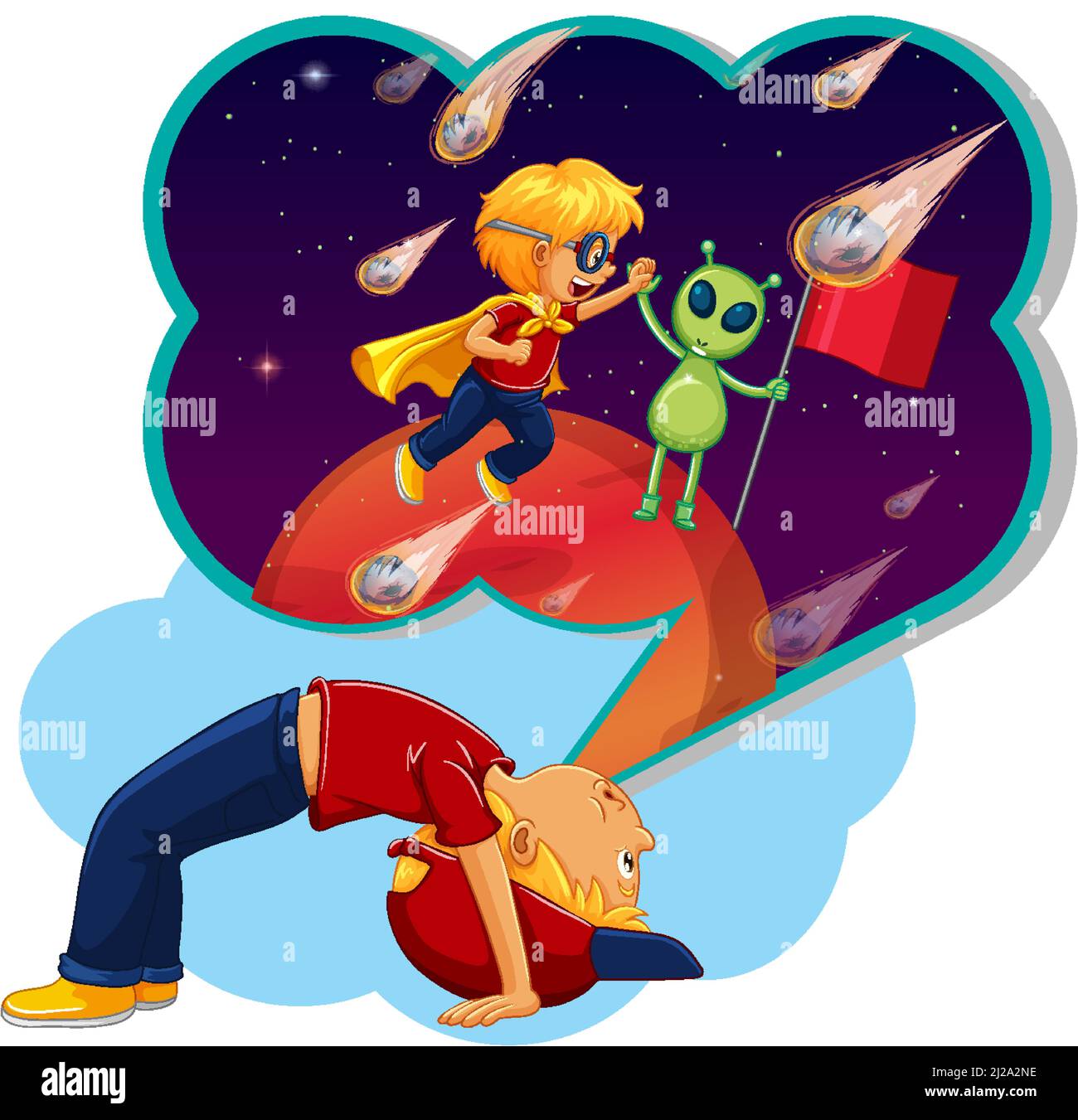 Boy thinking of flying in space illustration Stock Vector Image & Art ...