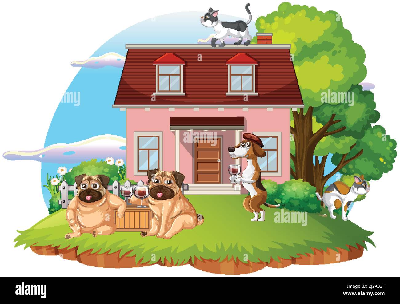 Outdoor house scene with domestic animals cartoon illustration Stock ...
