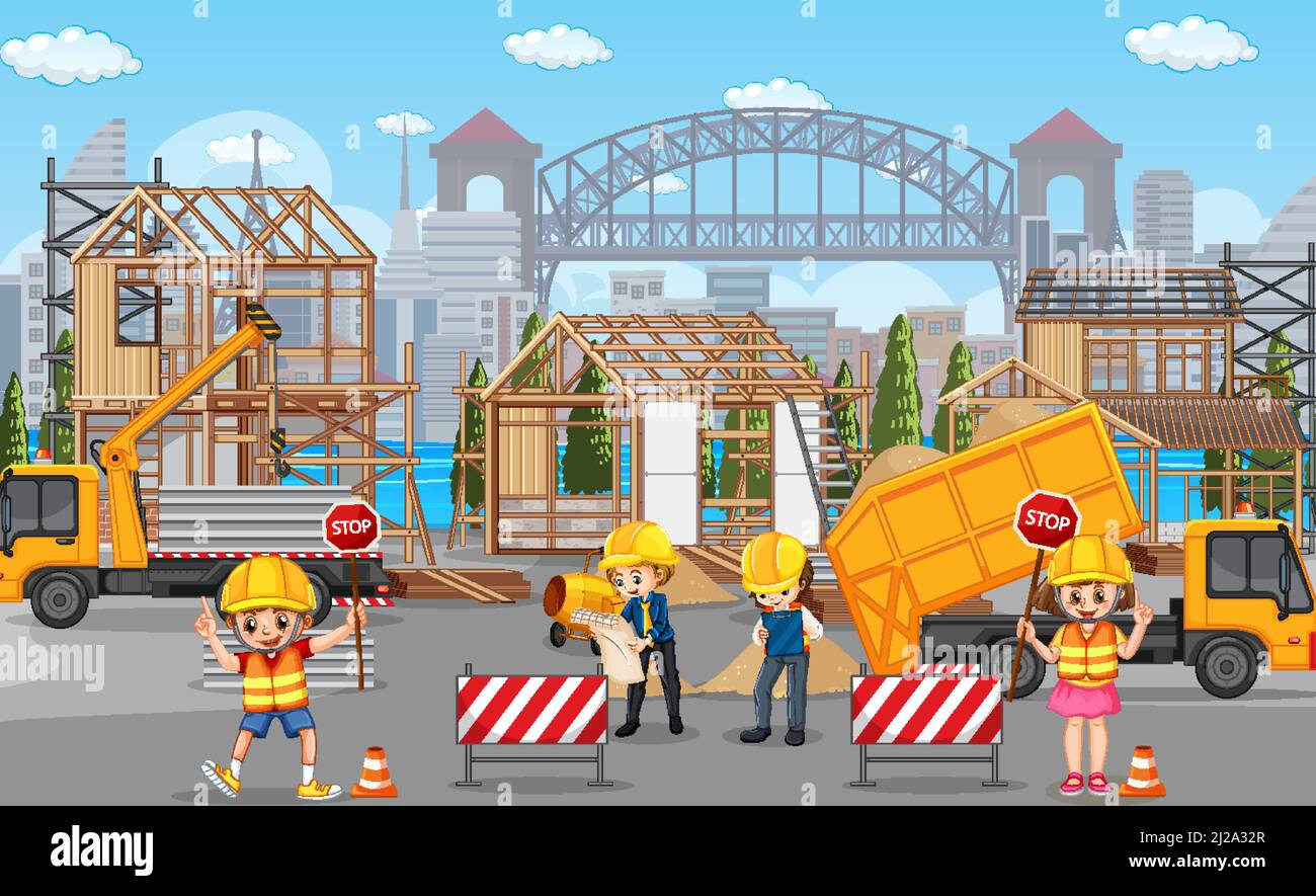 Building construction site and workers illustration Stock Vector Image ...