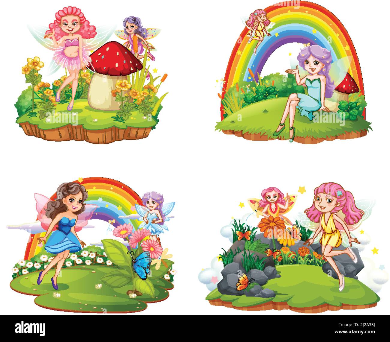Set of isolated fantastic forests with beautiful fairies illustration ...