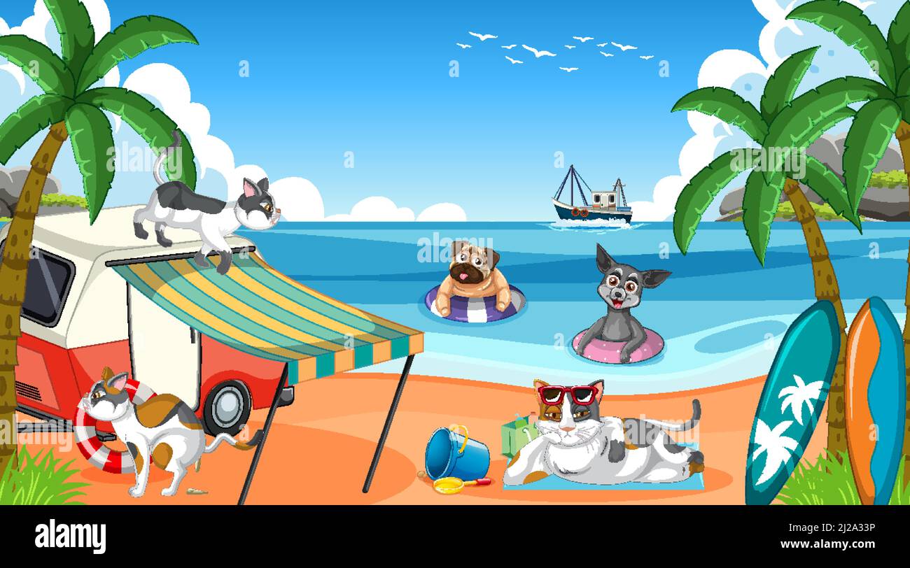 A group of different pet do various activities on the beach ...