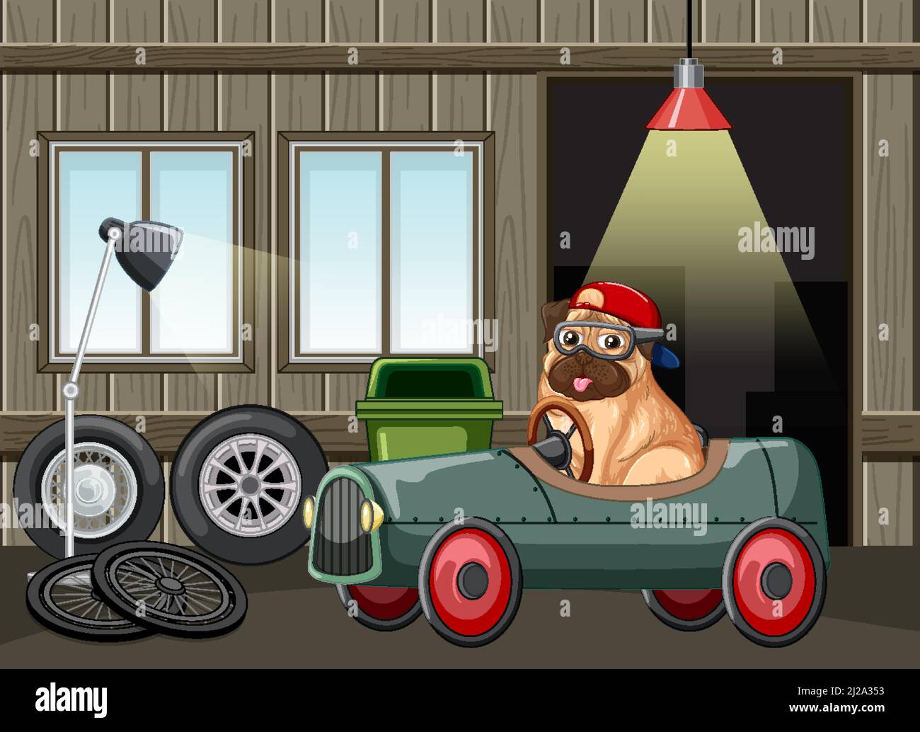 Dog driving car in garage illustration Stock Vector Image & Art - Alamy