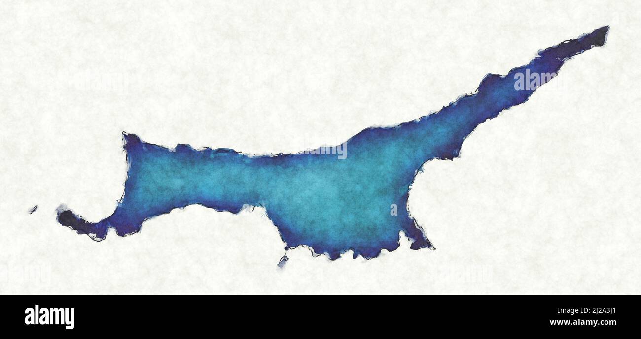 Northern Cyprus map with drawn lines and blue watercolor illustration ...