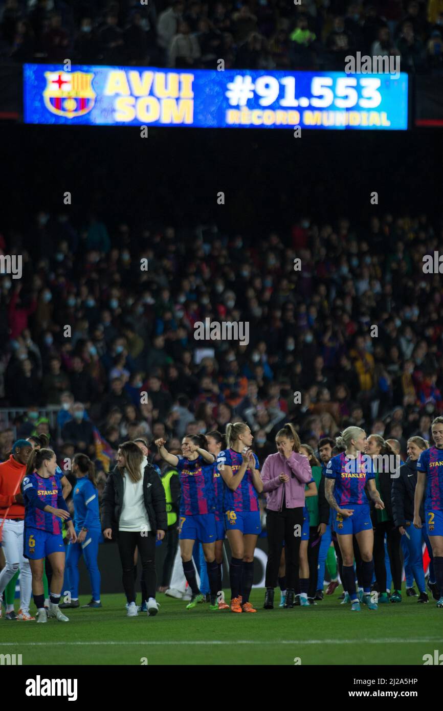 Barcelona, Catalonia. 30th Mar, 2022. FC Barcelona players celebrate ...