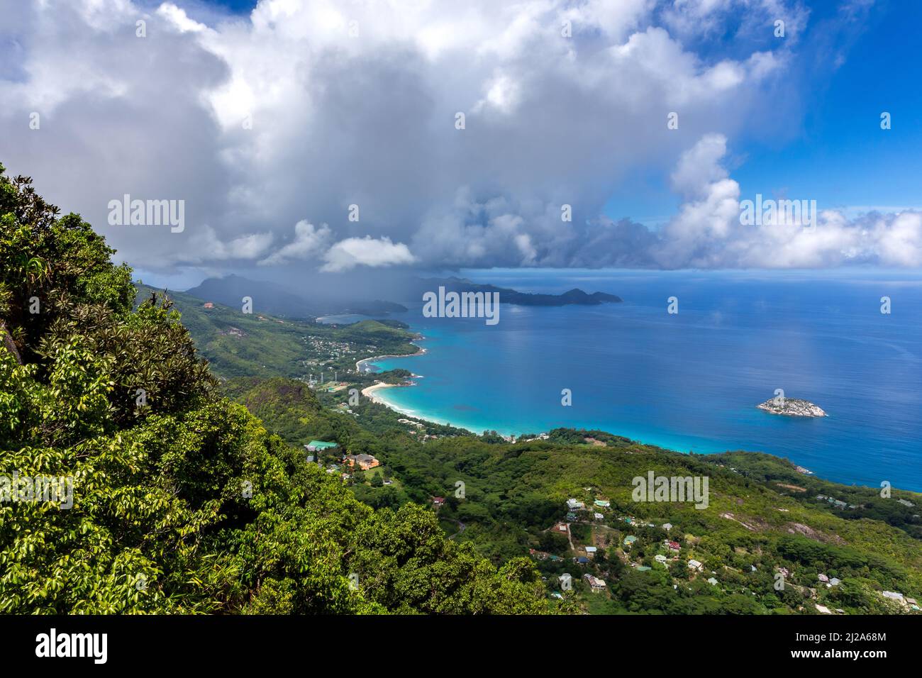 Landscape of Mahe Island, Seychelles, coastline from Morne Blanc View ...