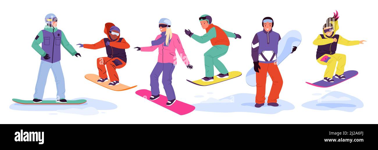 Cartoon happy snowboarders jump from snow mountain slope, adult persons ...